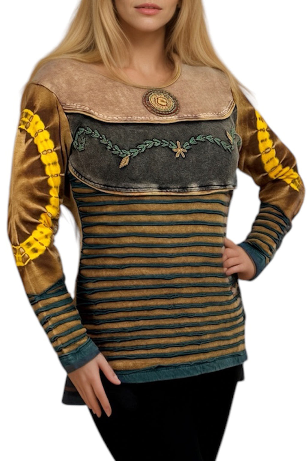 R 233 Boho Rib Knit Distressed Tie-Dye Stonewashed Razor Cut Blouse To ...