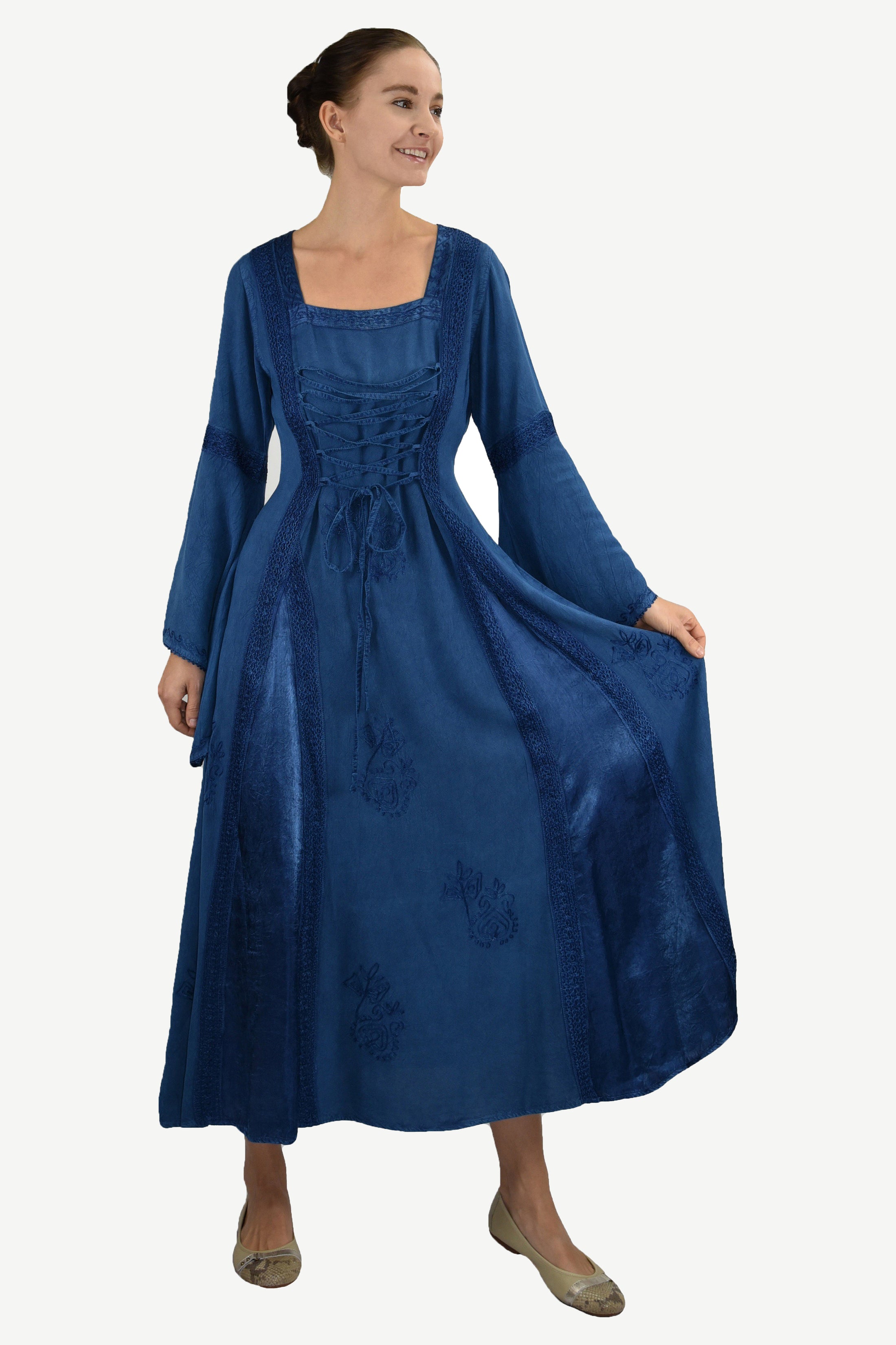 Roman Medieval Corset Satin Embroidered Bell Sleeve Dress 001 – Agan ...